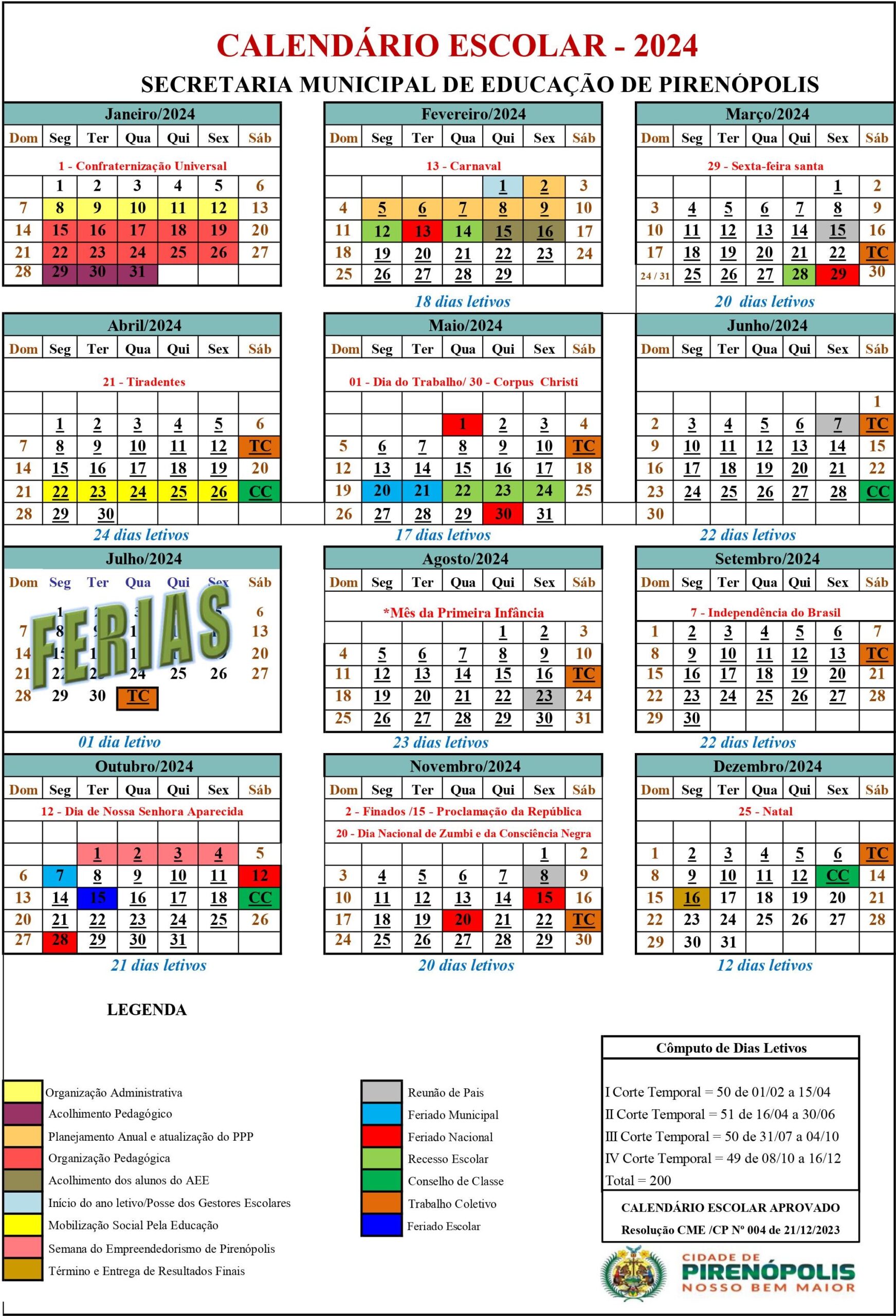 Calendário Escolar 2024 - Prefeitura Pirenópolis